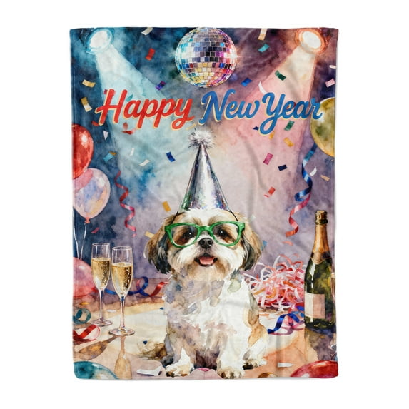 Happy New Year Shih Tzu Chills on Year-End Party Cozy Fleece Blanket ...