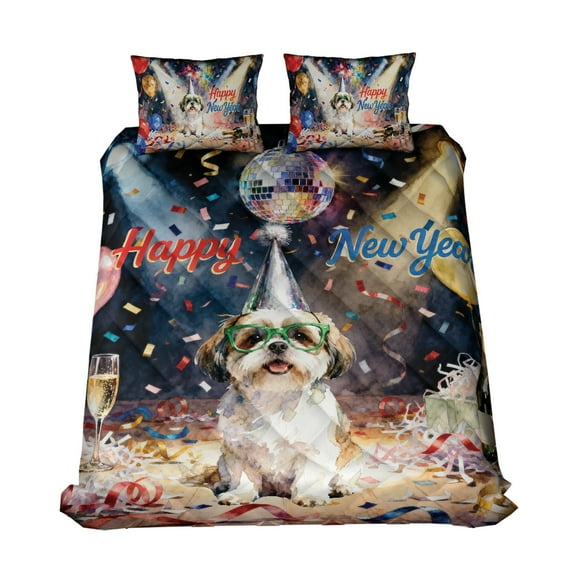 Happy New Year Shih Tzu Chills on Year-End Party Quilt Bedding Set Lion ...