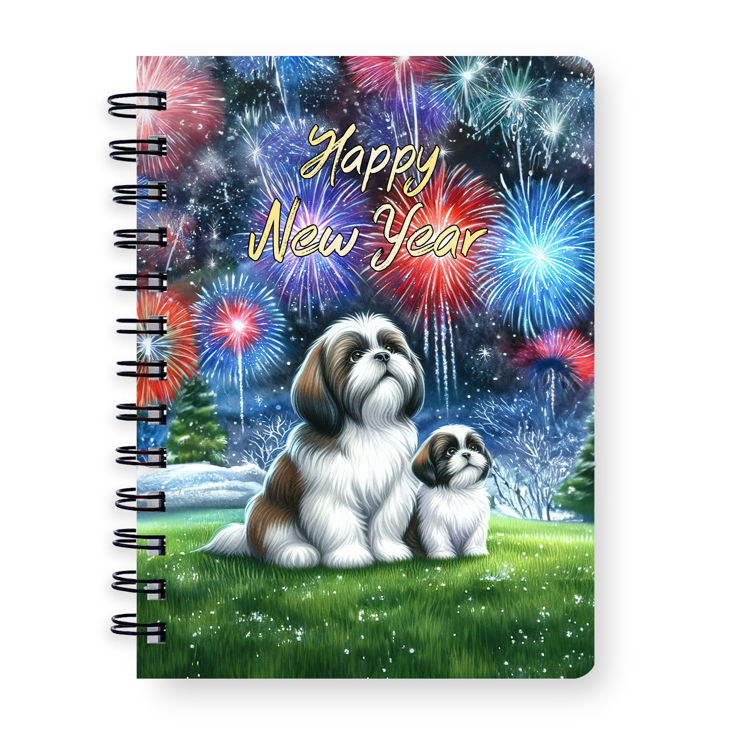 Happy New Year Shih Tzu Family Cheer Winter Midnight Firework Spiral ...