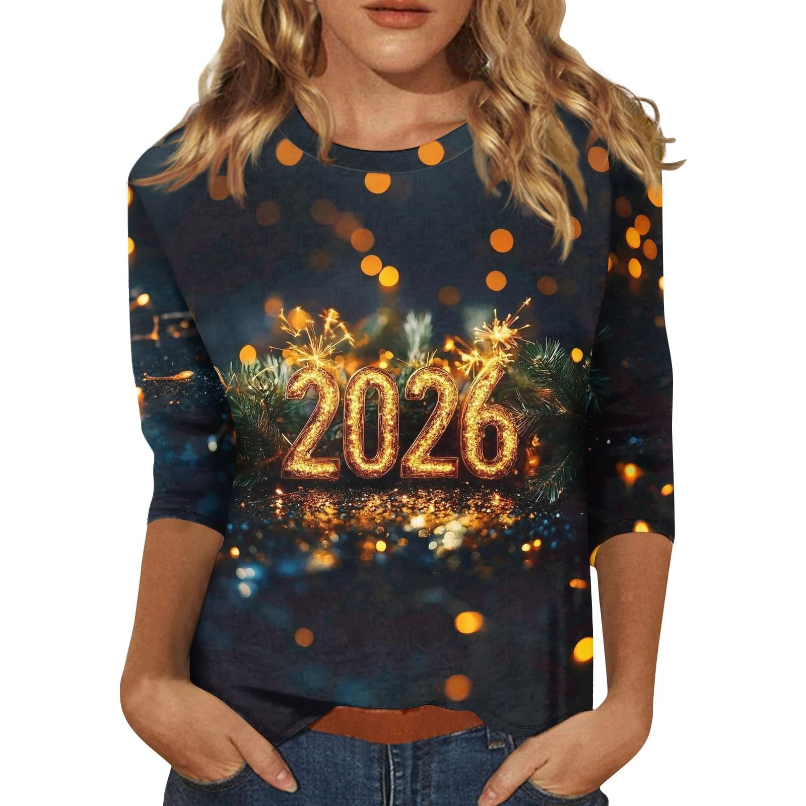 Happy New Year Shirt 2026 Graphic 3/4 Sleeve New Year Casual Trendy ...