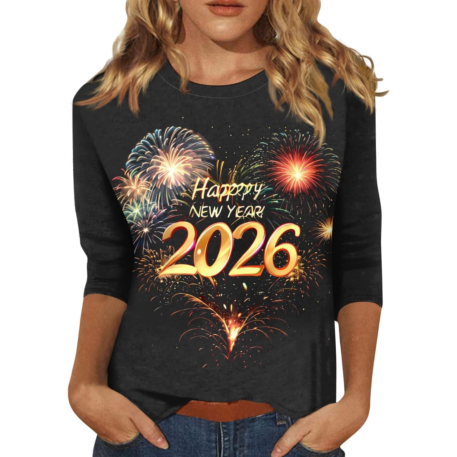 Happy New Year Shirt 2026 Graphic 3/4 Sleeve New Year Casual Trendy ...