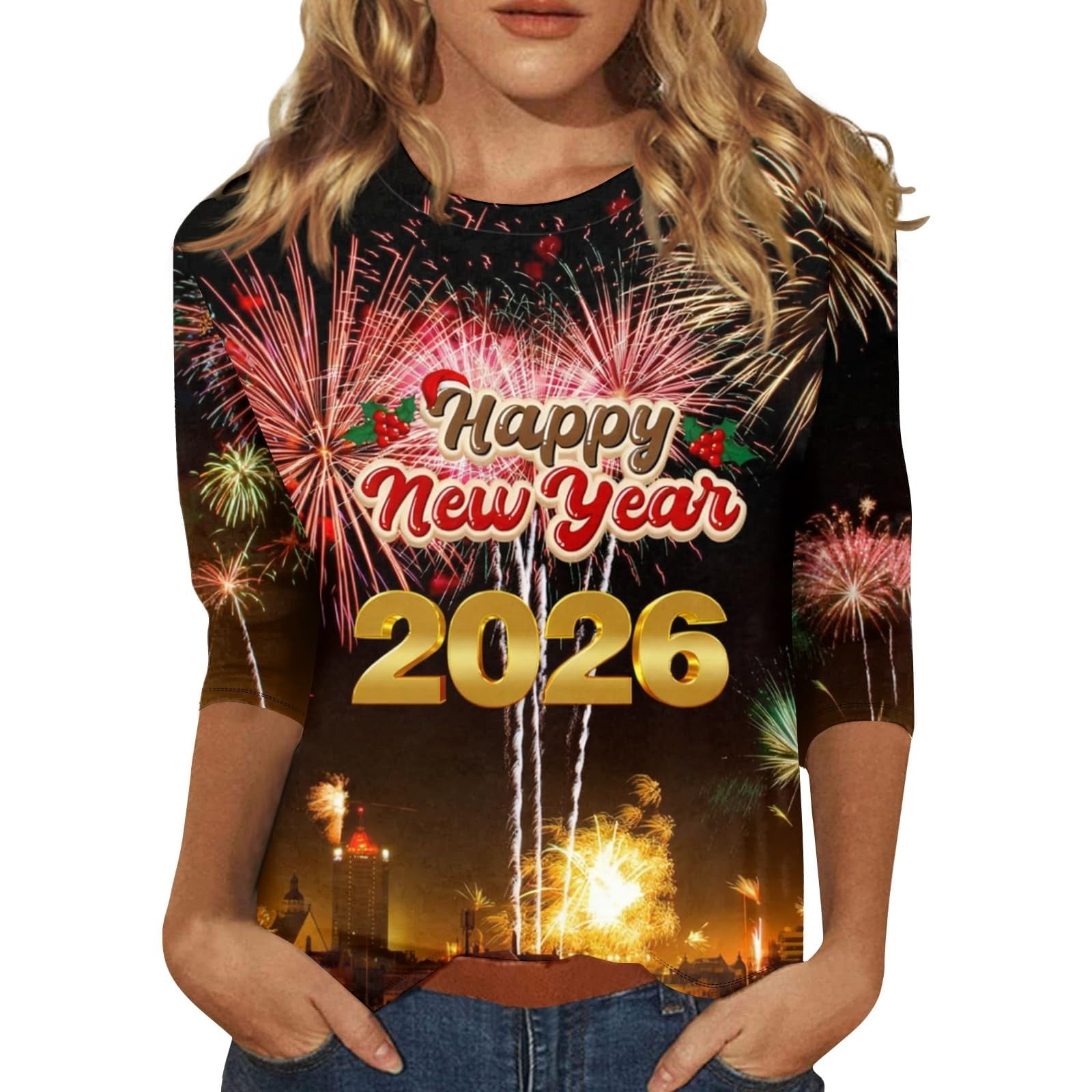 Happy New Year Shirt 2026 Graphic 3/4 Sleeve New Year Casual Trendy ...