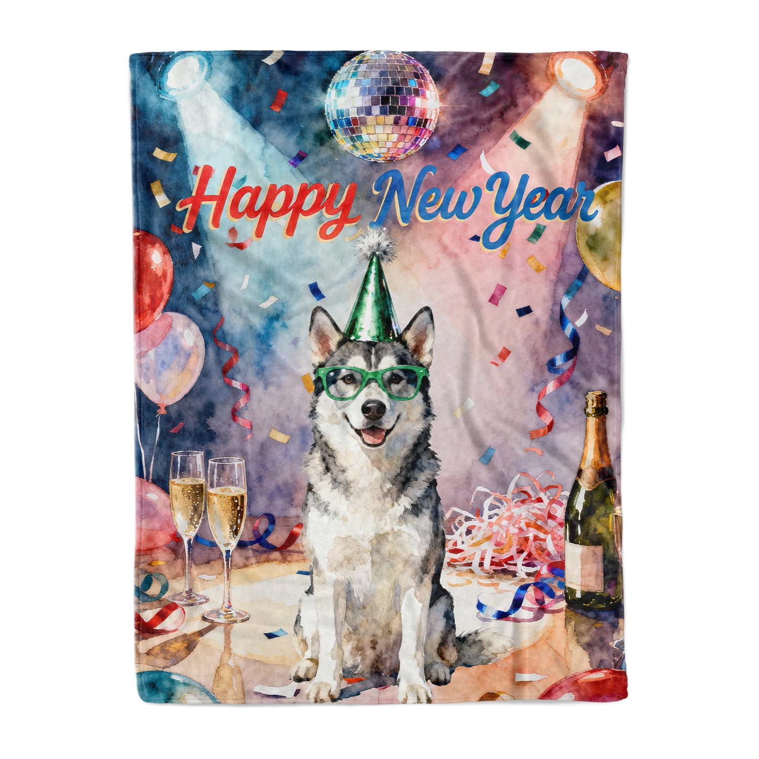 Happy New Year Siberian Husky Chills on Year-End Party Cozy Fleece ...