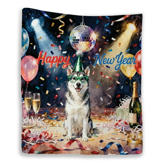 Happy New Year Siberian Husky Chills on Year-End Party Quilt Blanket ...