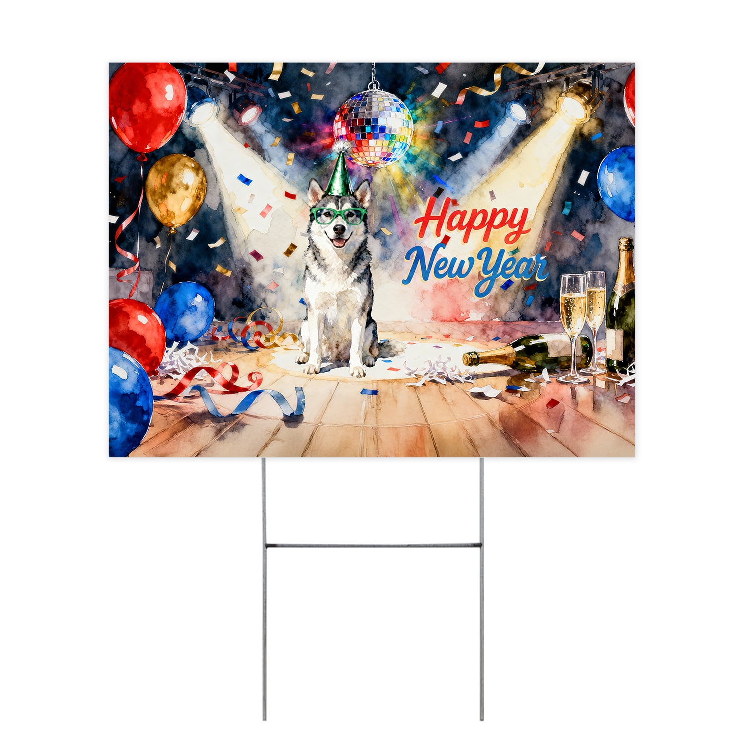 Happy New Year Siberian Husky Chills on Year-End Party Yard Sign Husky ...