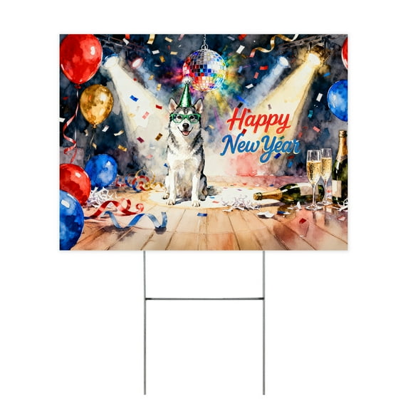 Happy New Year Siberian Husky Chills on Year-End Party Yard Sign Husky ...