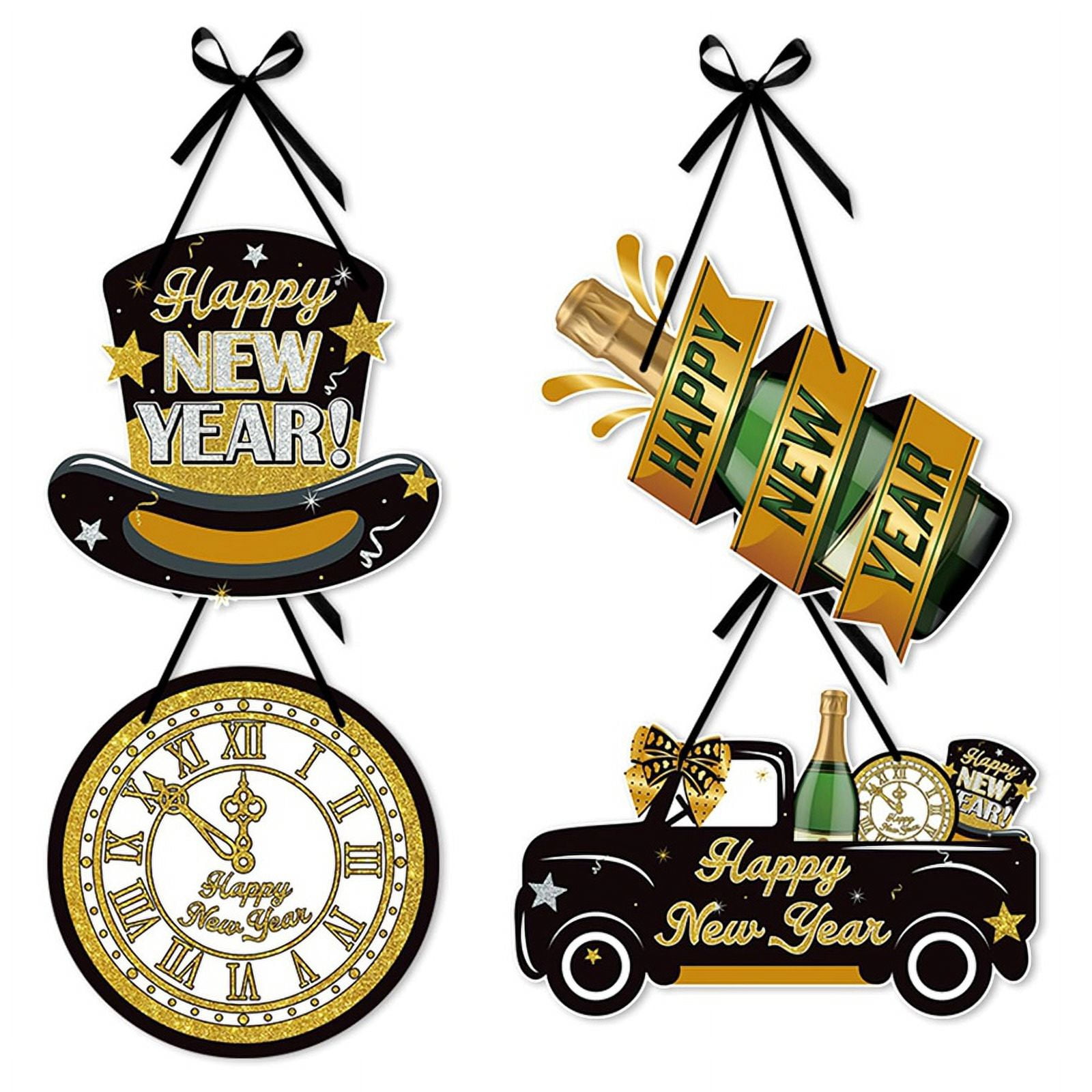 Happy New Year Sign 4Pcs Door Hanger Decor Year's Eve Wreath Hanging ...