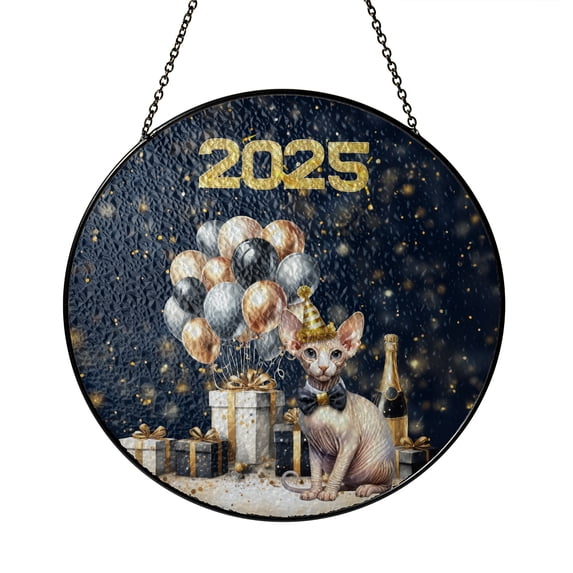 Happy New Year Sphynx Welcome 2025 Balloon Firework Party Stained Glass ...