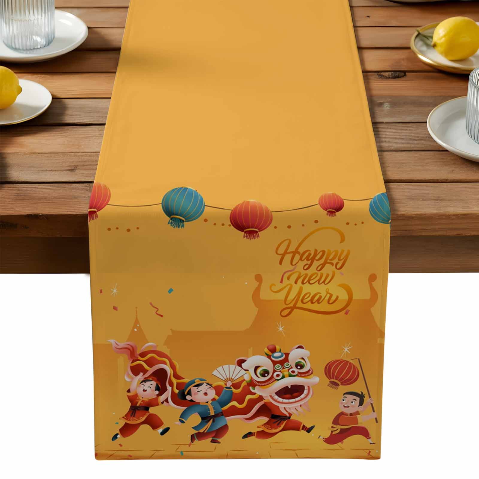 Happy New Year Table Runner, Spring Festival Chinese New Year Lion ...