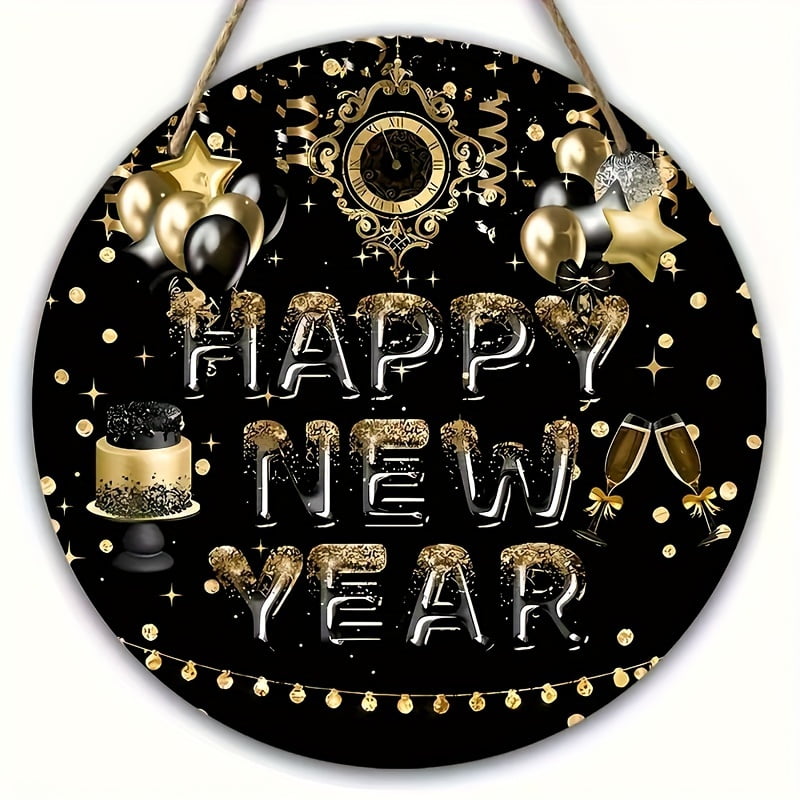 Happy New Year Theme Hanging Front Door Decoration Sign Black Gold ...