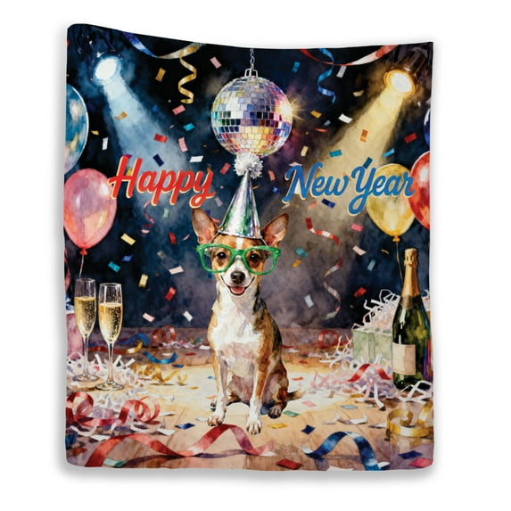 Happy New Year Toy Fox Terrier Chills on Year-End Party Quilt Blanket ...
