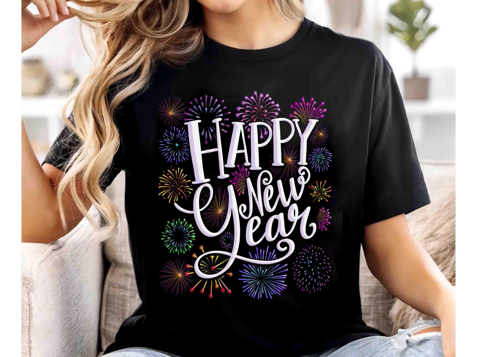 Happy New Year Typography Shirt, Holiday Festival Eve Apparel, Black ...