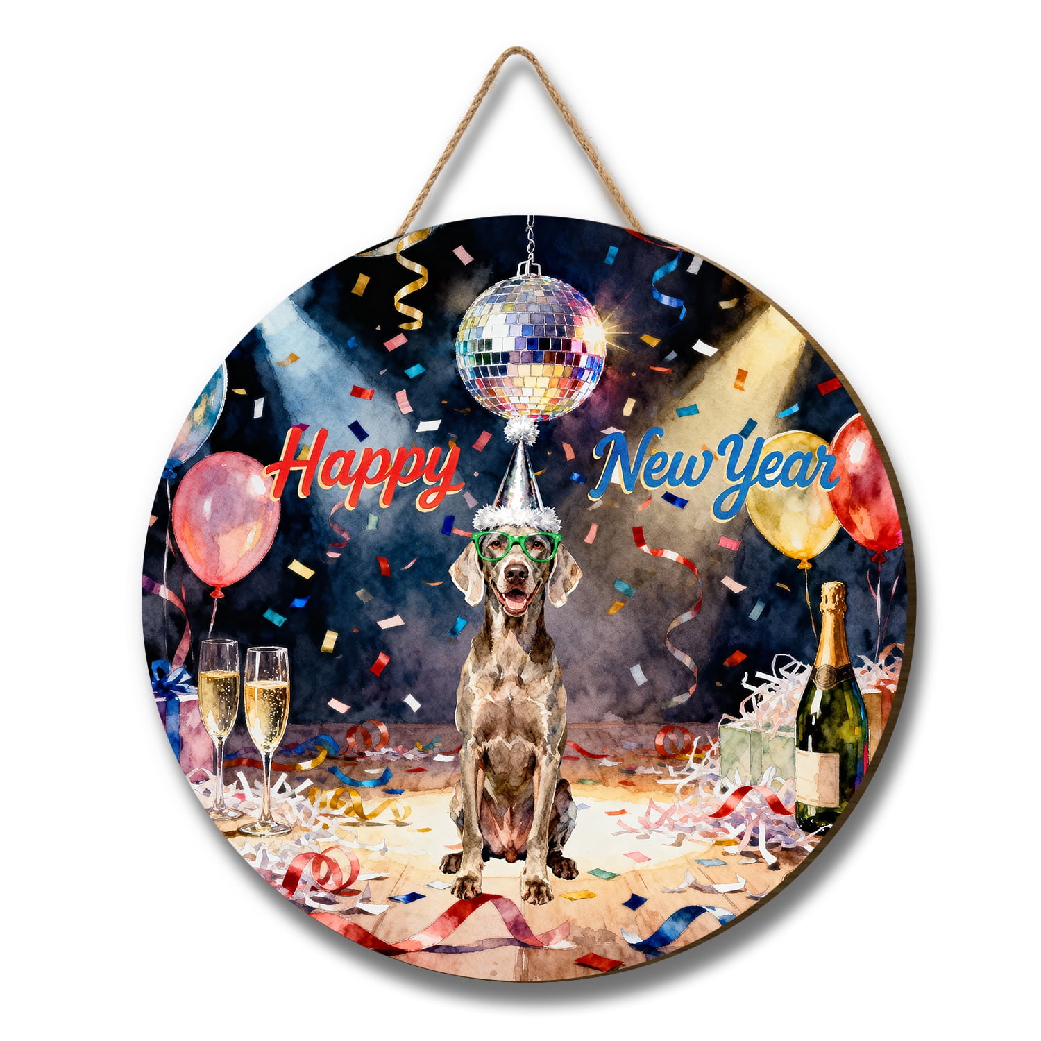 Happy New Year Weimaraner Chills on Year-End Party Round Wood Sign Weim ...