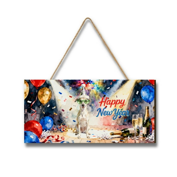 Happy New Year Whippet Chills on Year-End Party Landscape Wood Sign Dog ...