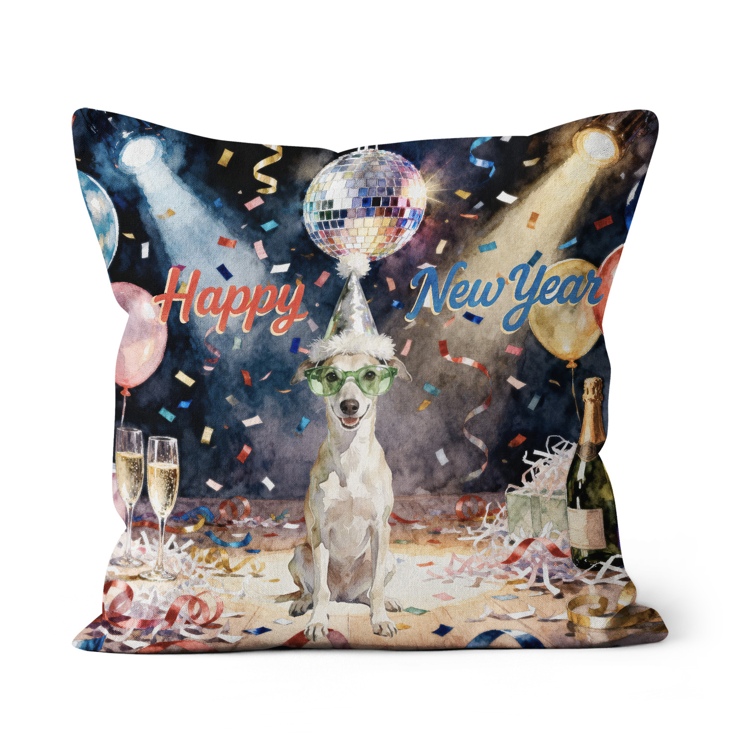 Happy New Year Whippet Chills on Year-End Party Pillow Cushion Double ...