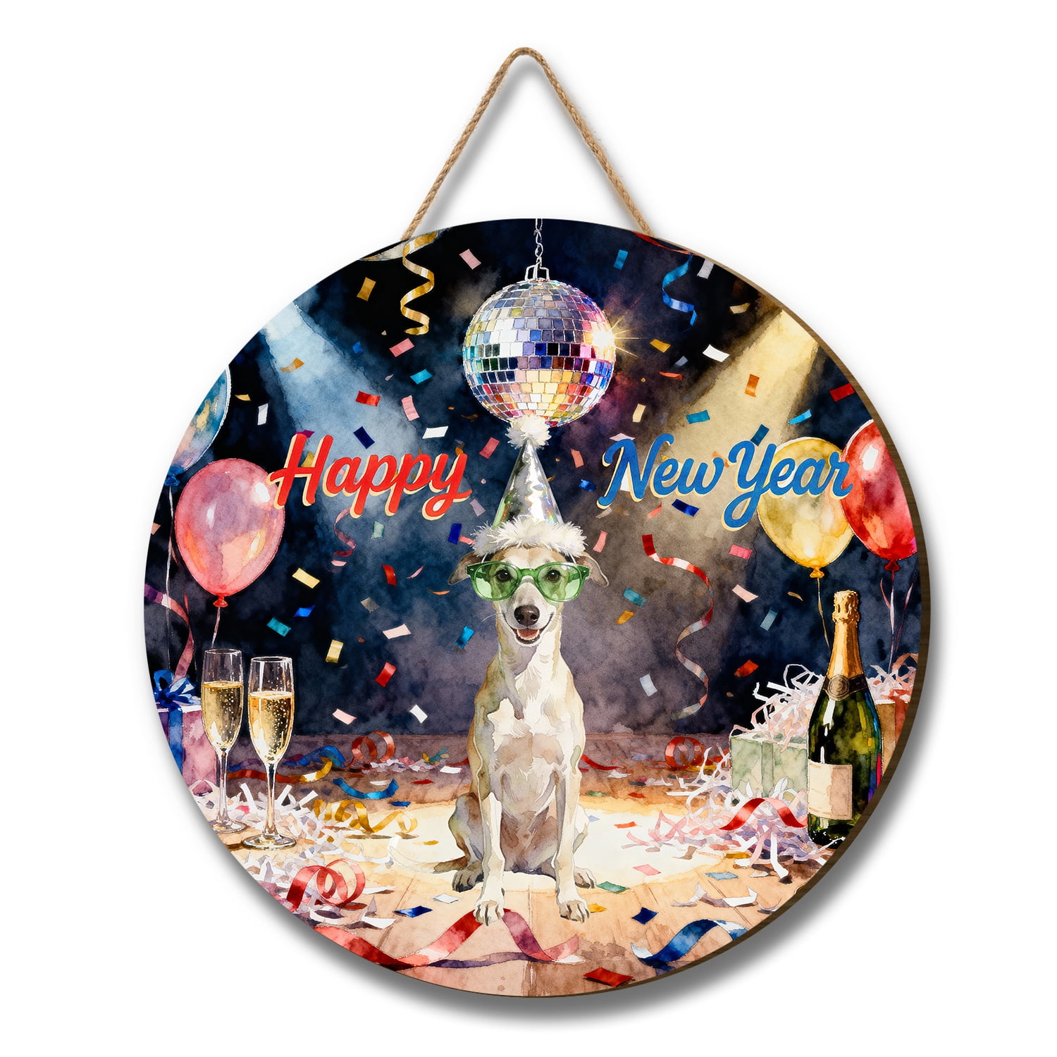 Happy New Year Whippet Chills on Year-End Party Round Wood Sign Dog ...