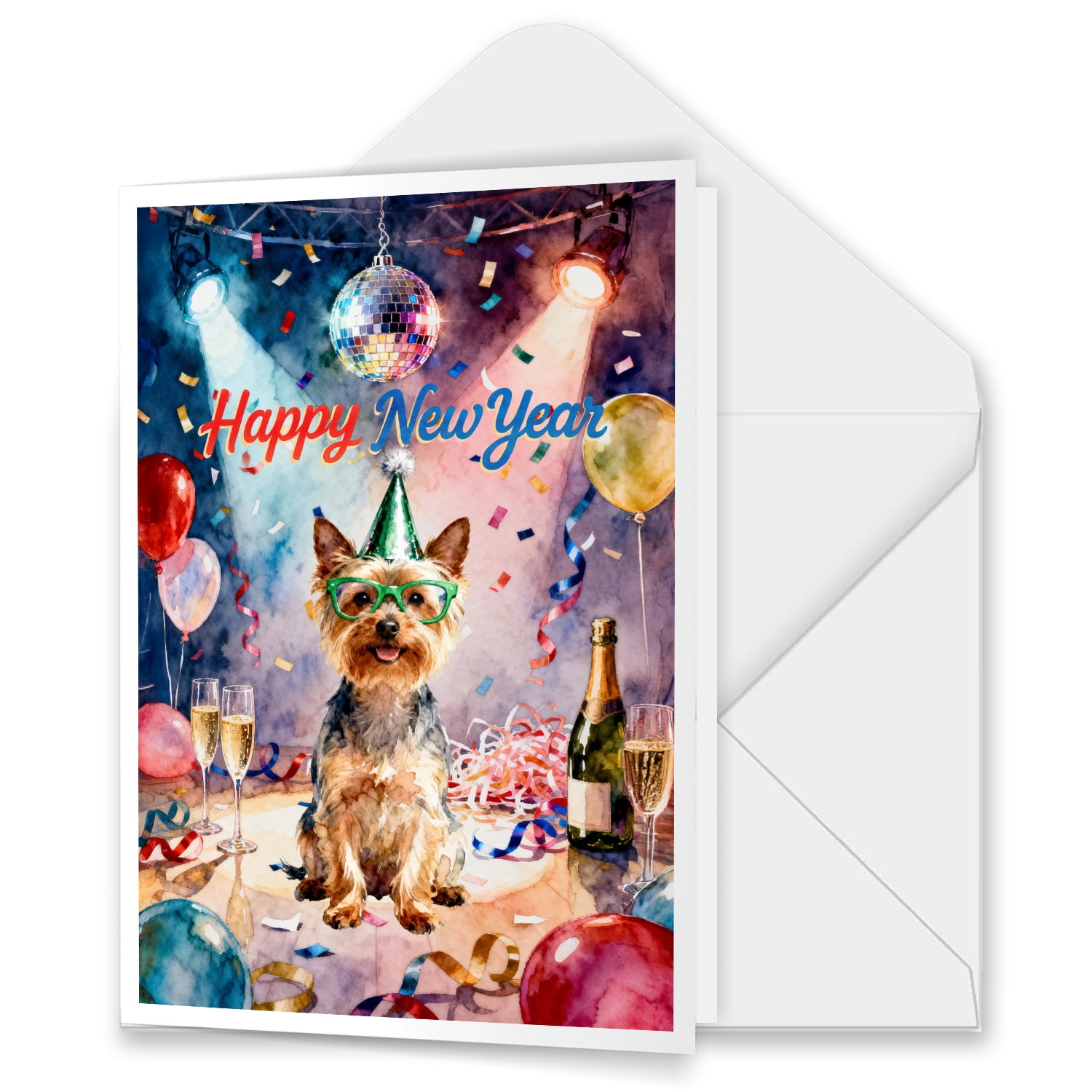 Happy New Year Yorkshire Terrier Chills on Year-End Party 5x7in Folded ...