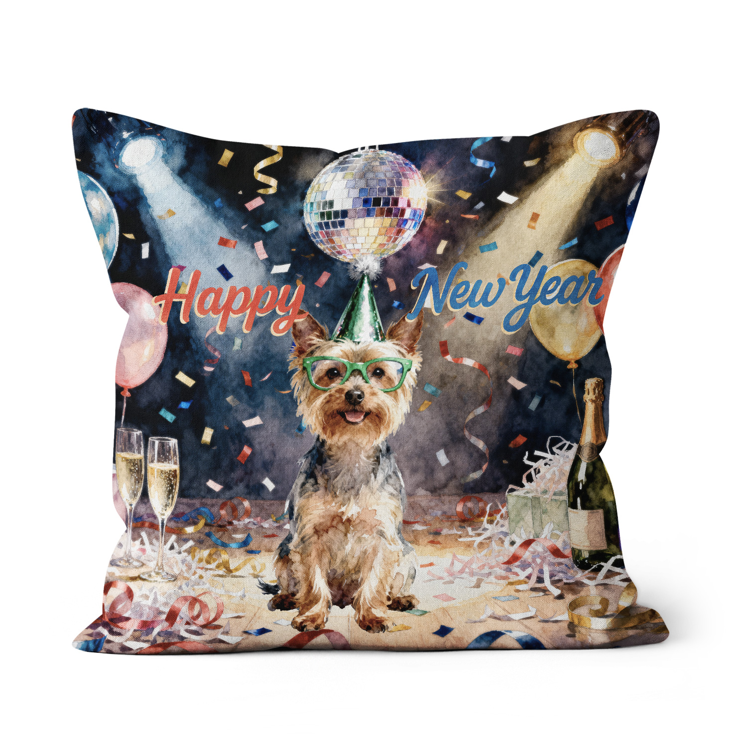 Happy New Year Yorkshire Terrier Chills on Year-End Party Pillow ...
