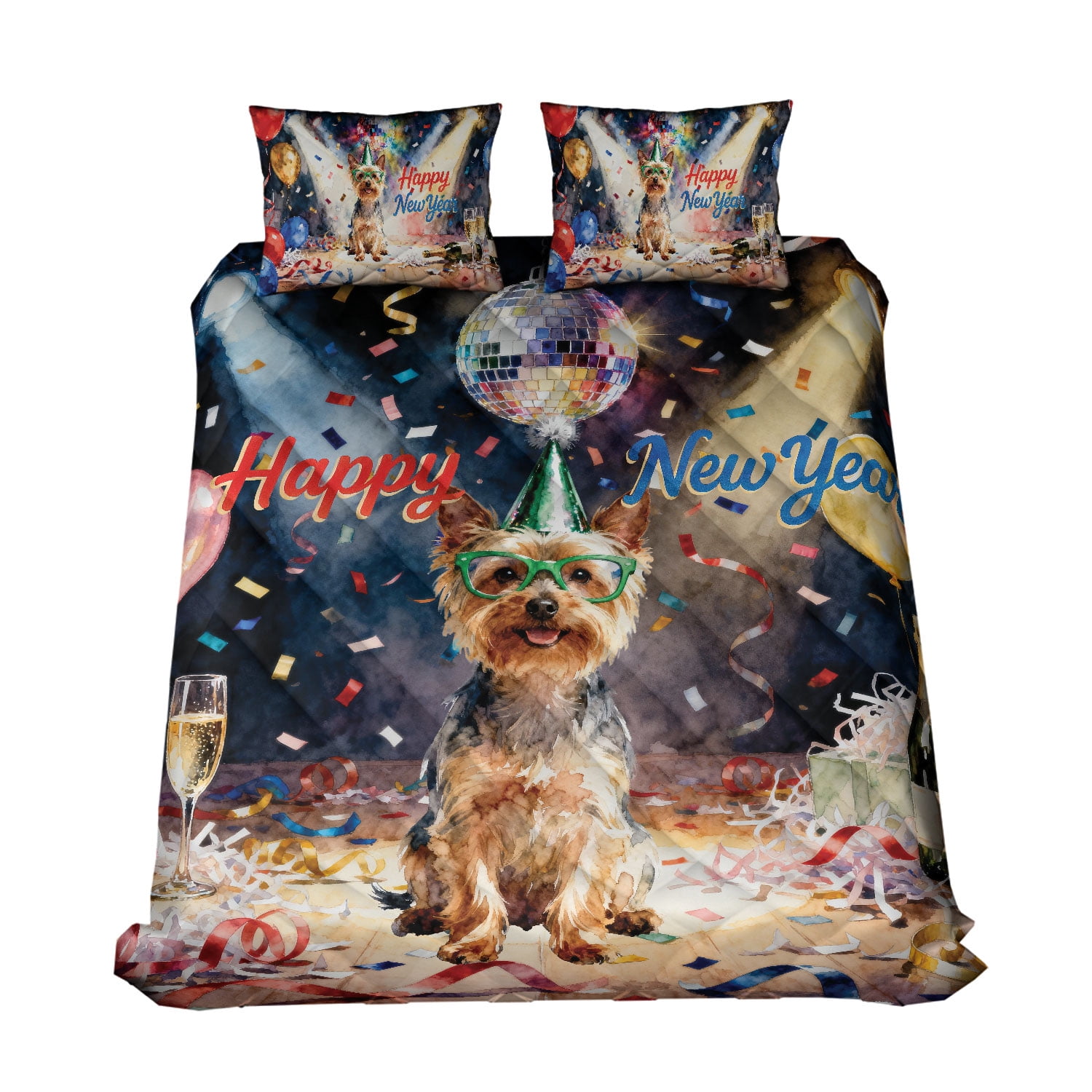 Happy New Year Yorkshire Terrier Chills on Year-End Party Quilt Bedding ...