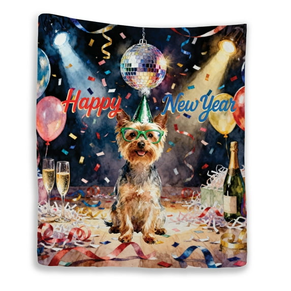Happy New Year Yorkshire Terrier Chills on Year-End Party Quilt Blanket ...