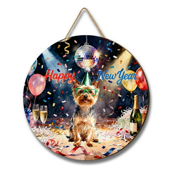 Happy New Year Yorkshire Terrier Chills on Year-End Party Round Wood ...