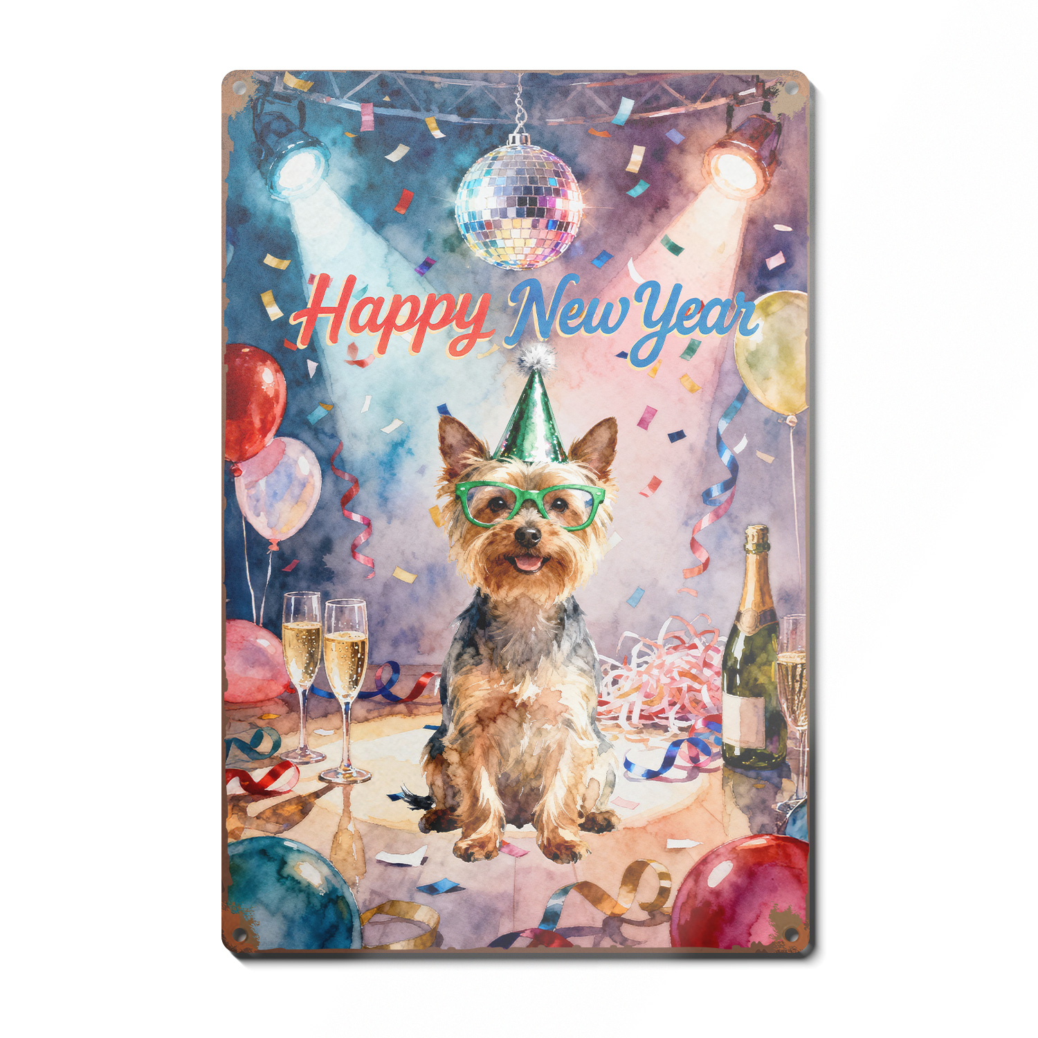 Happy New Year Yorkshire Terrier Chills on Year-End Party Vertical ...