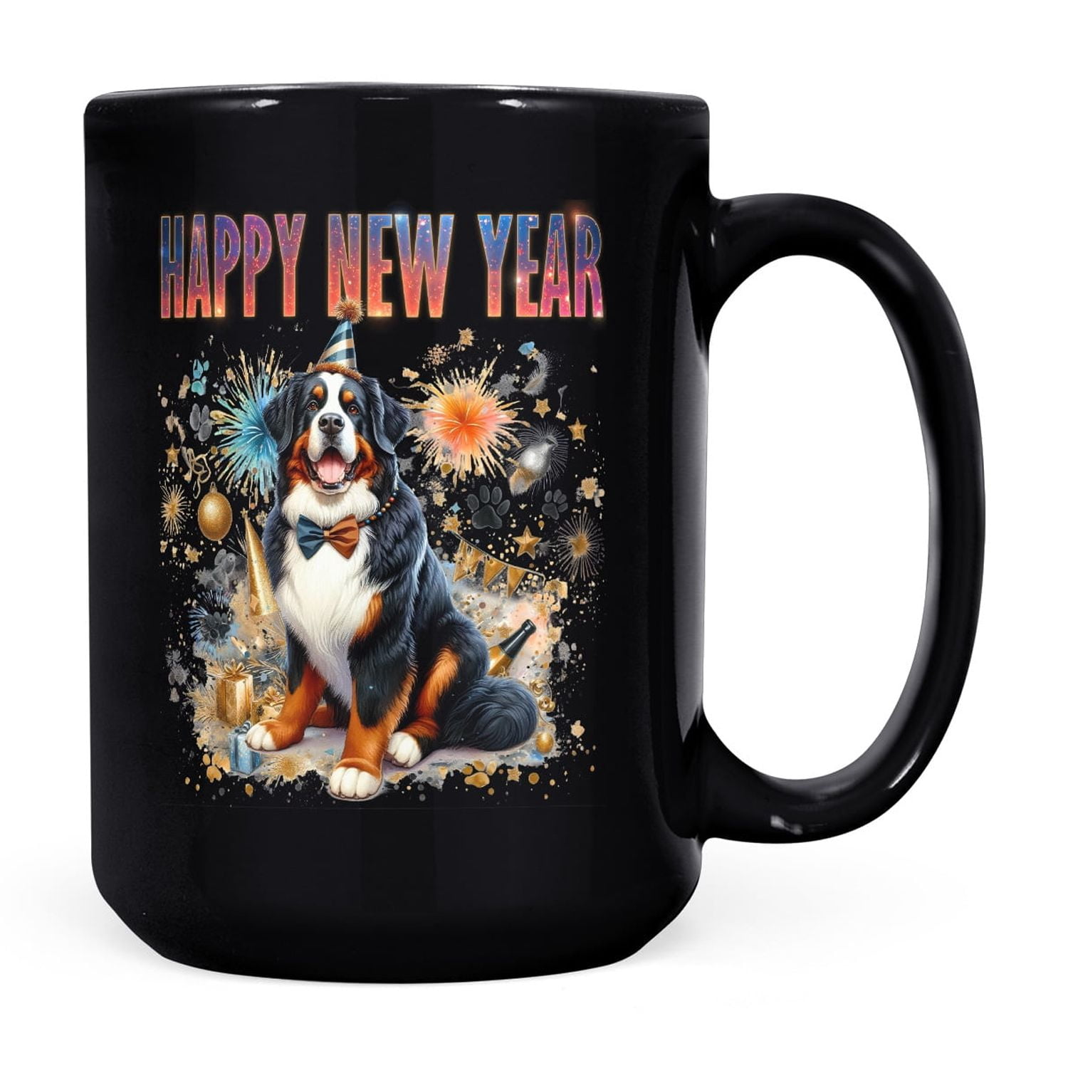 Happy New Year with Bernese Mountain Dog Fireworks Holiday Xmas Winter ...