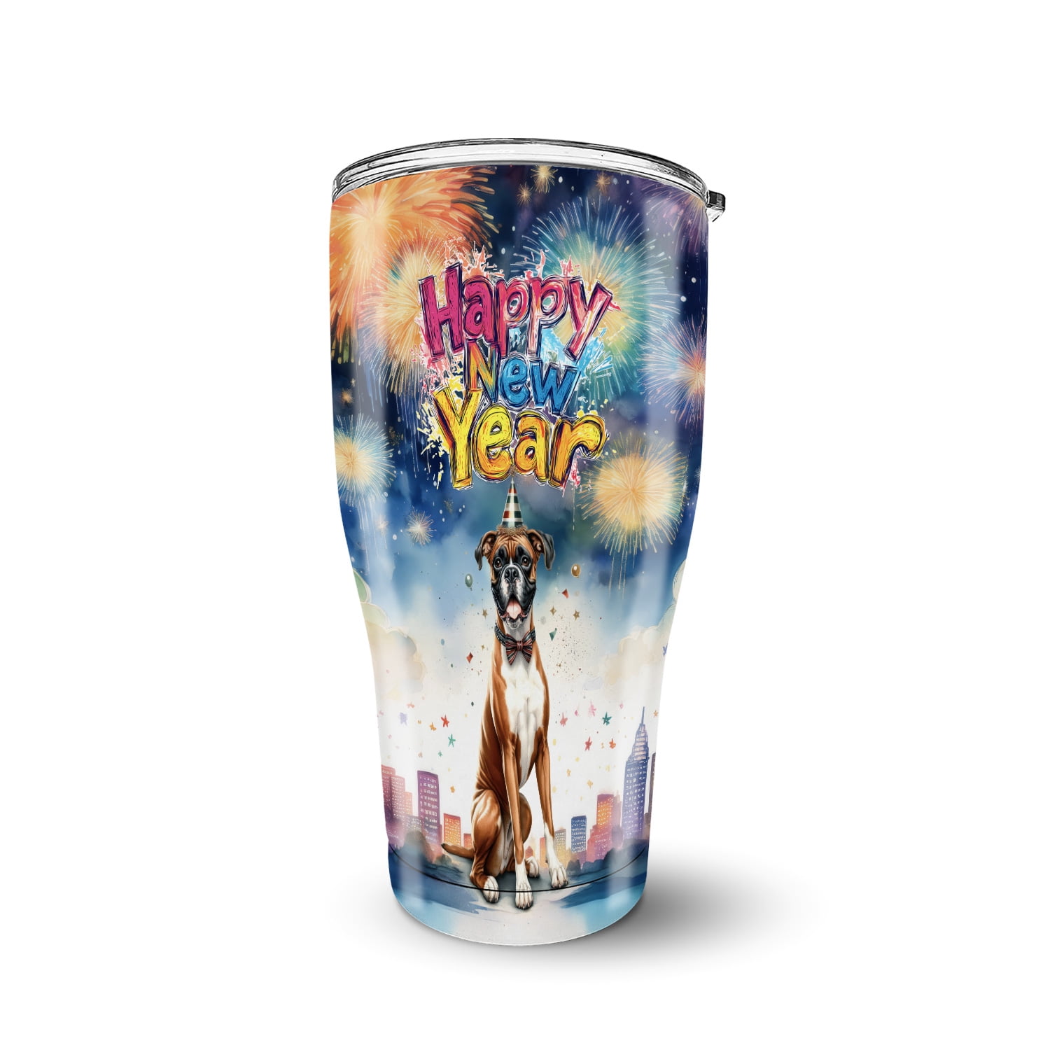 Happy New Year with Boxer Fireworks Holiday Xmas Winter 2025 30oz ...