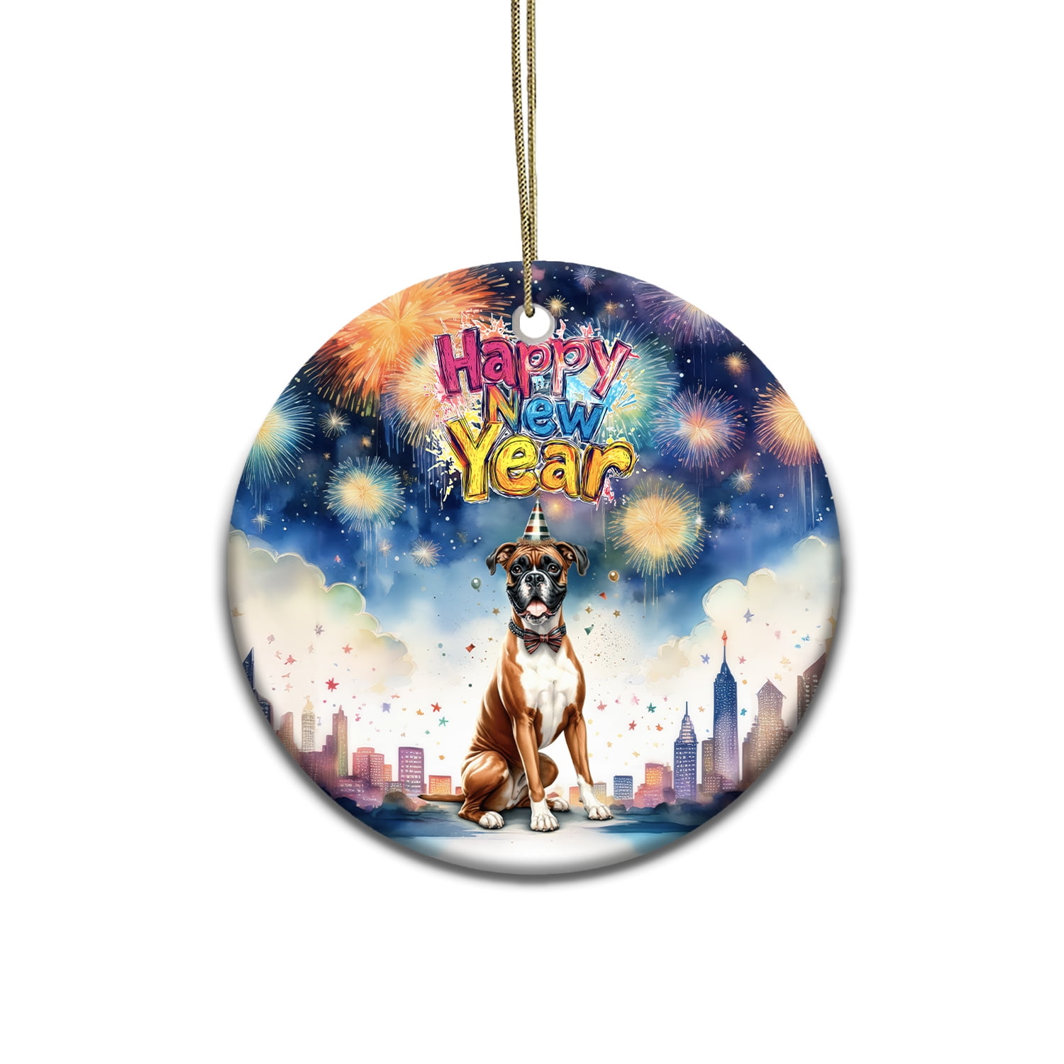 Happy New Year with Boxer Fireworks Holiday Xmas Winter 2025 Ceramic ...