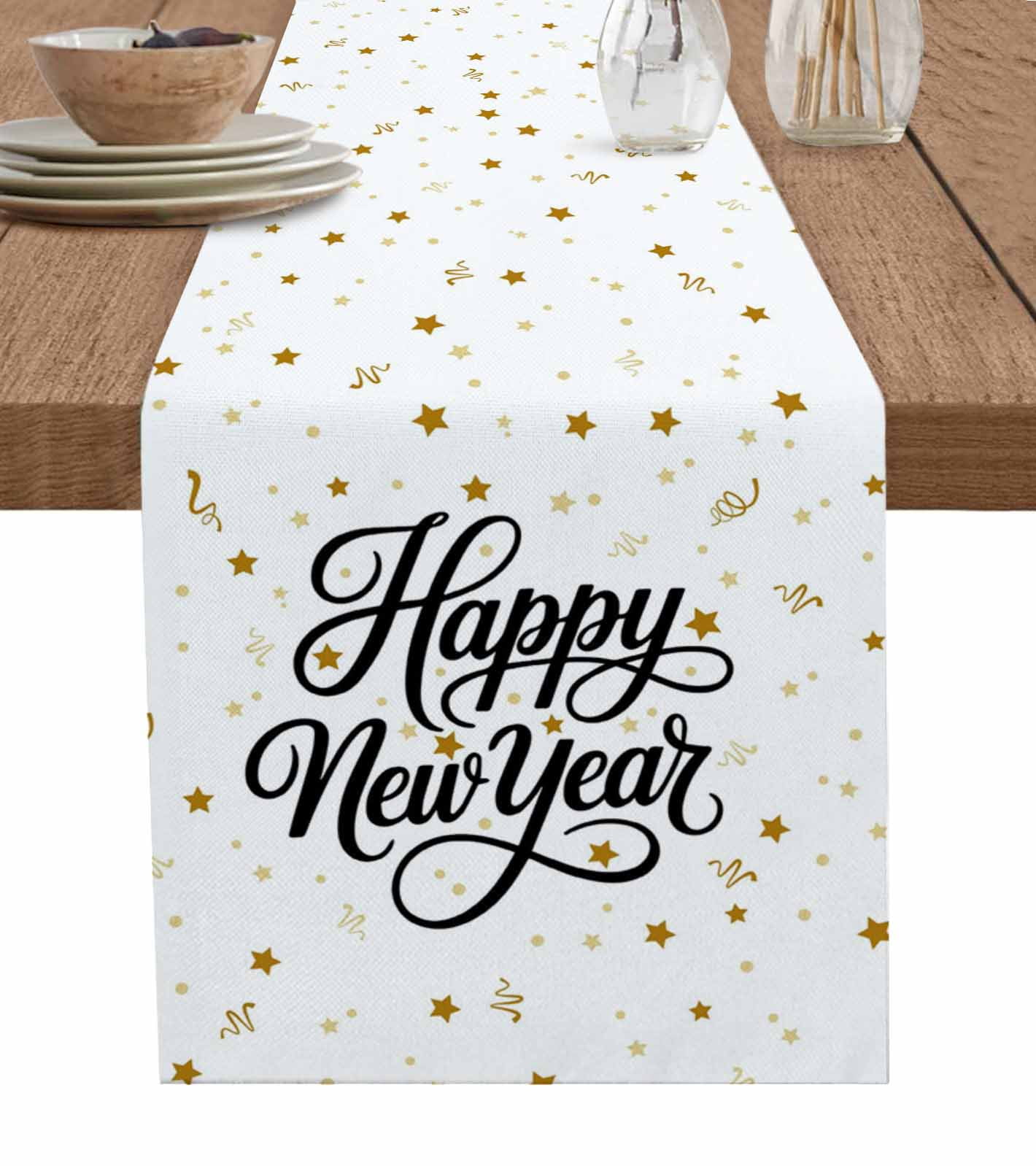 Happy New Years Table Runner 72 Inches, Winter Holiday Yellow Stars ...