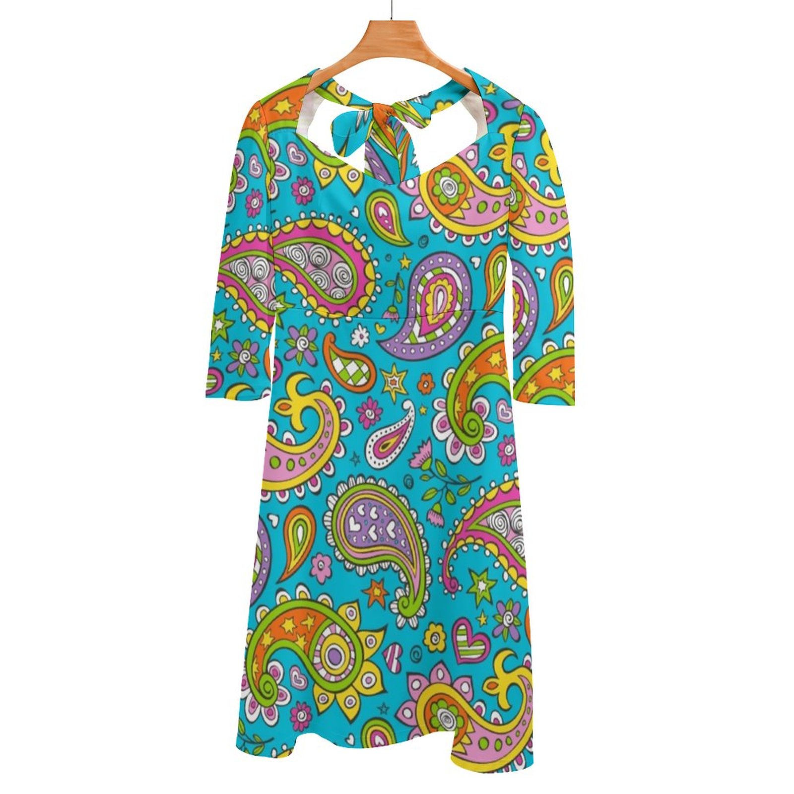 Happy Paisley Back Lacing Backless Dress Women Kawaii Square Collar ...