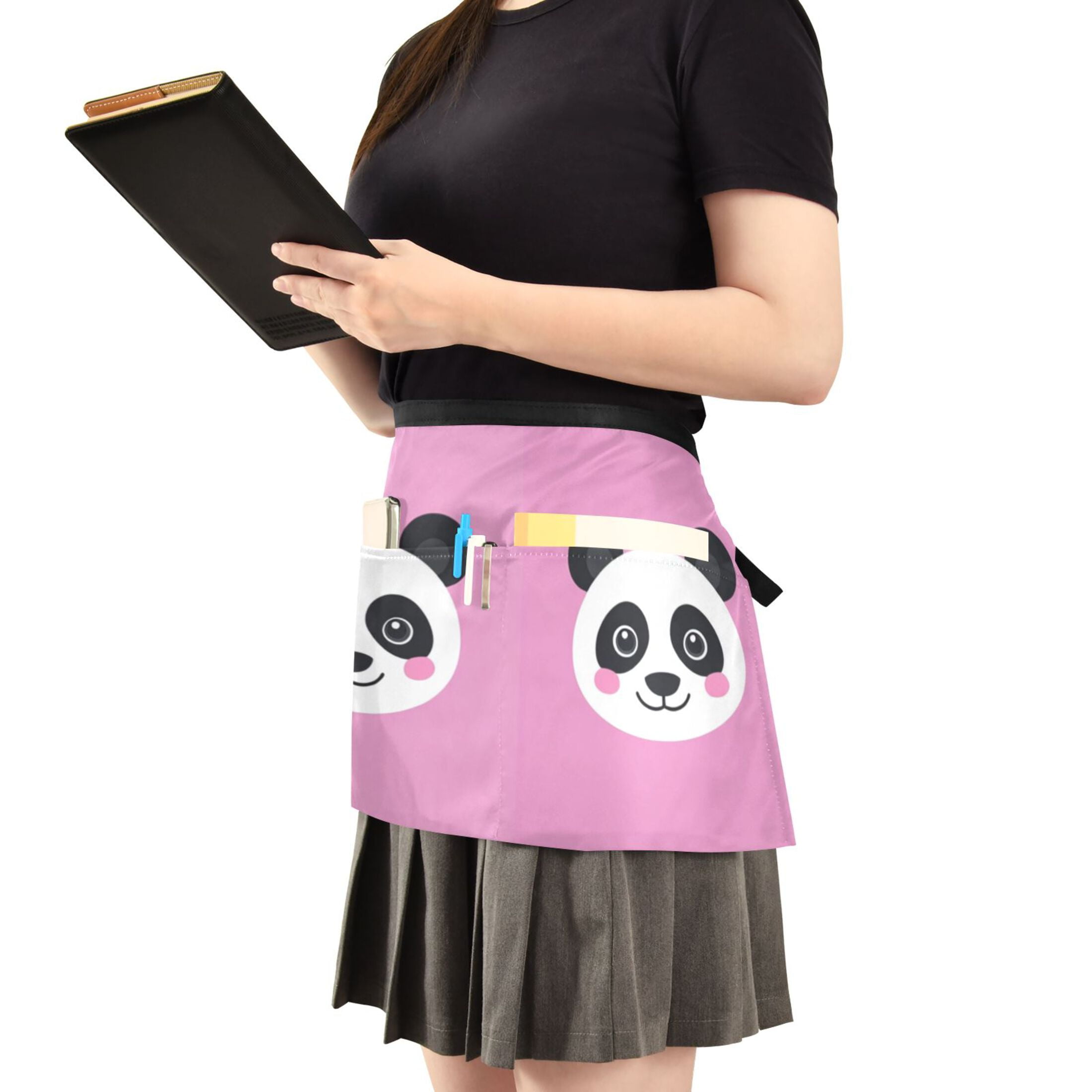 Happy Panda Faces on Pink Server Apron with 3 Pockets Waist Apron for ...