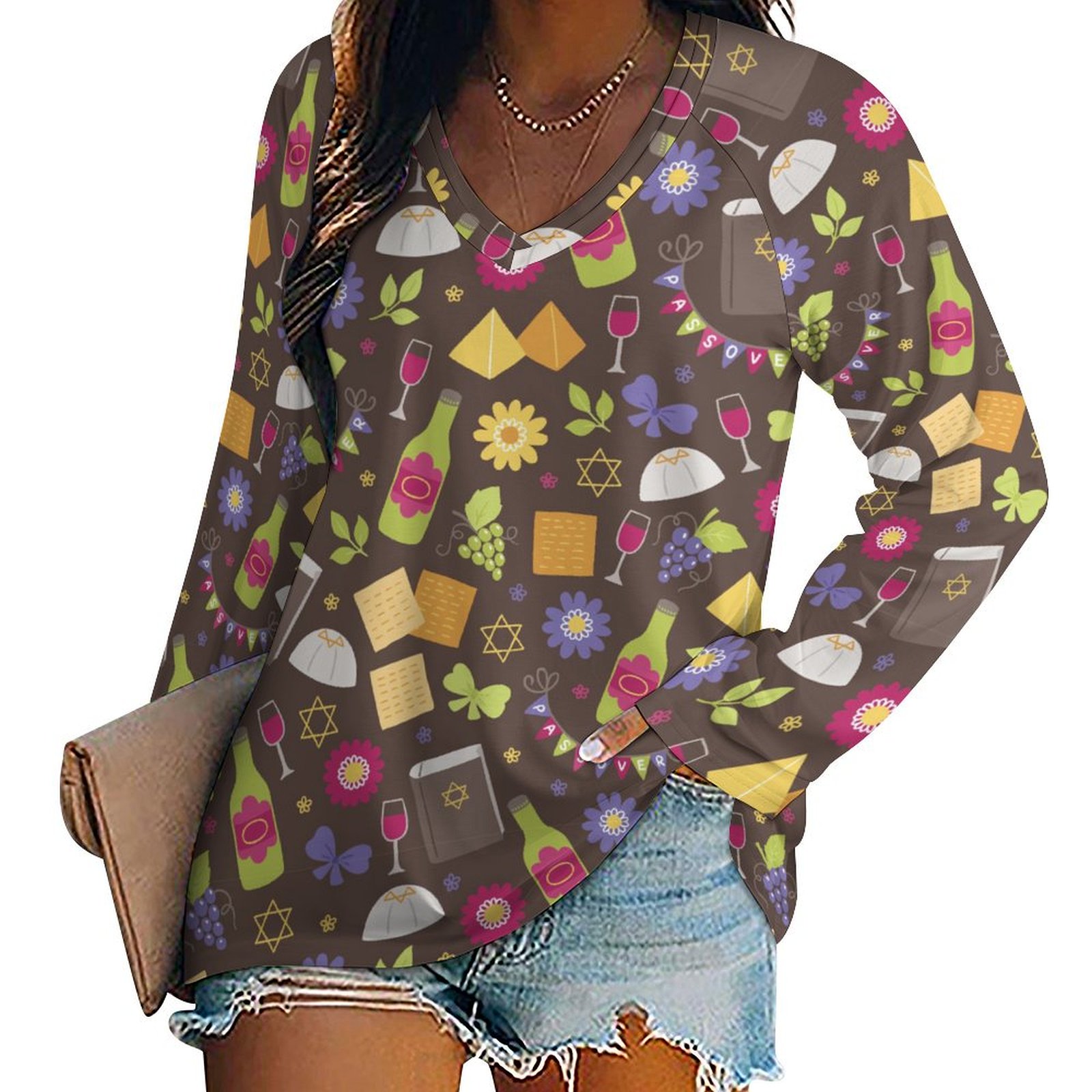 Happy Passover Je-wi-sh Holiday Women's Long Sleeve Shirts Casual V ...