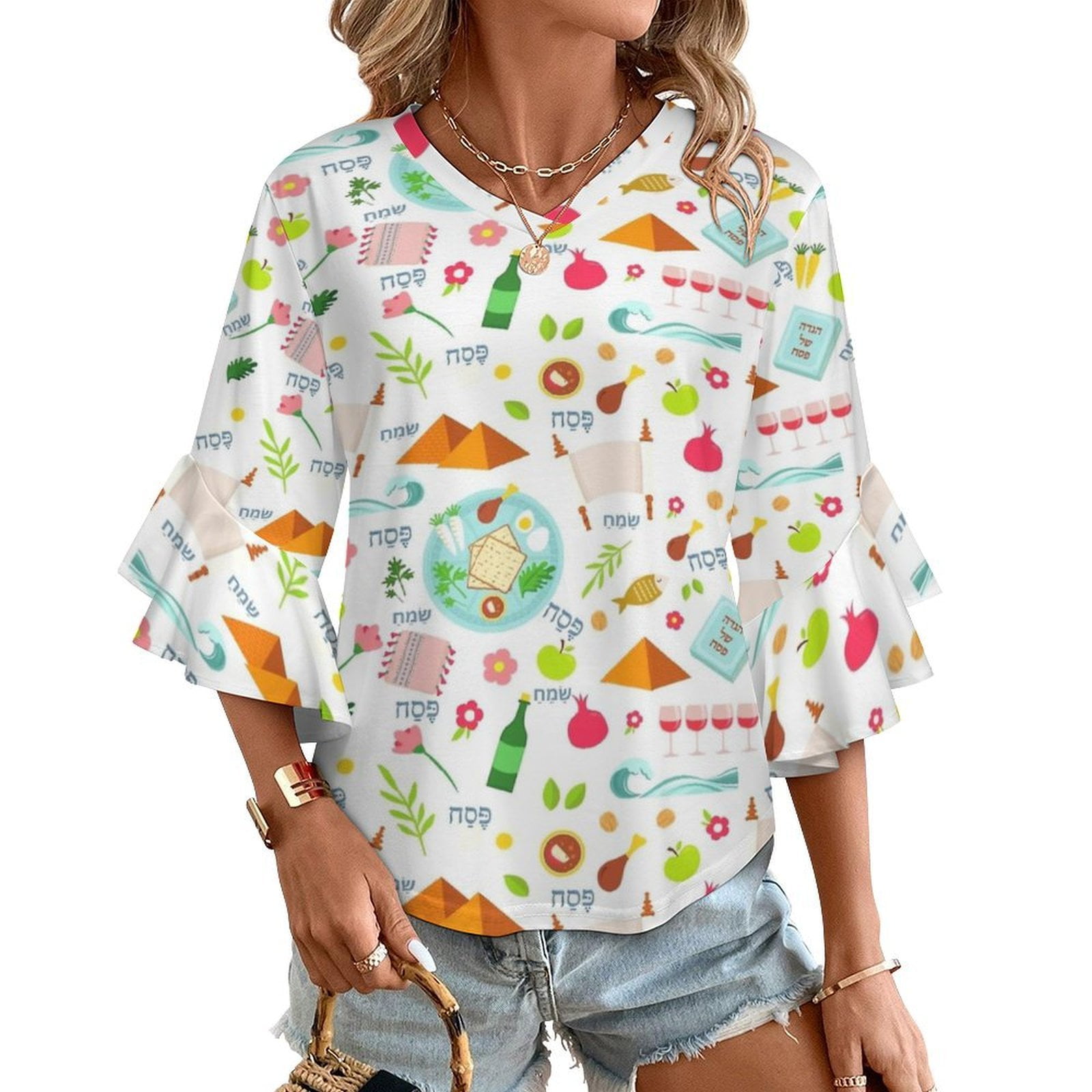 Happy Passover Women's V-Neck Blouse With 3/4 Ruffled Bell Sleeves ...