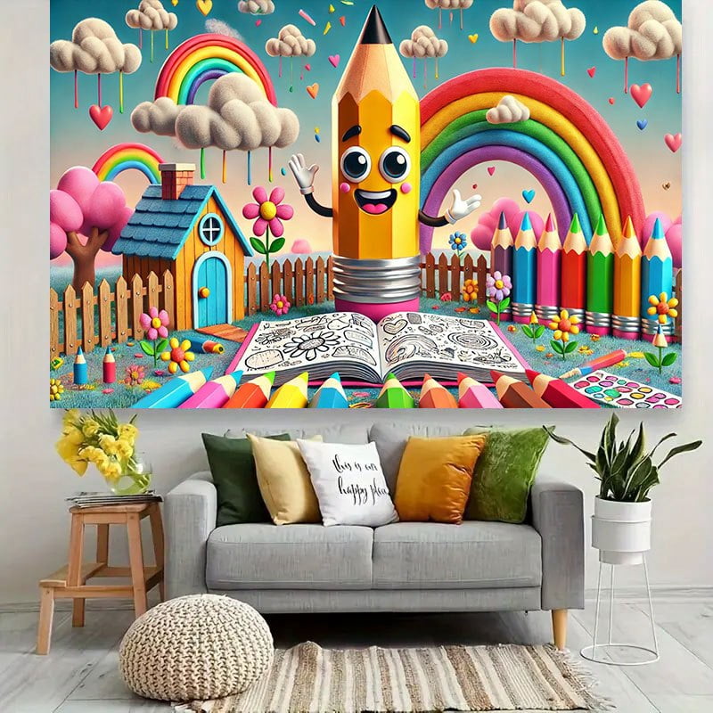 Happy Pencil and Rainbow Party Banner - Whimsical School-Themed ...