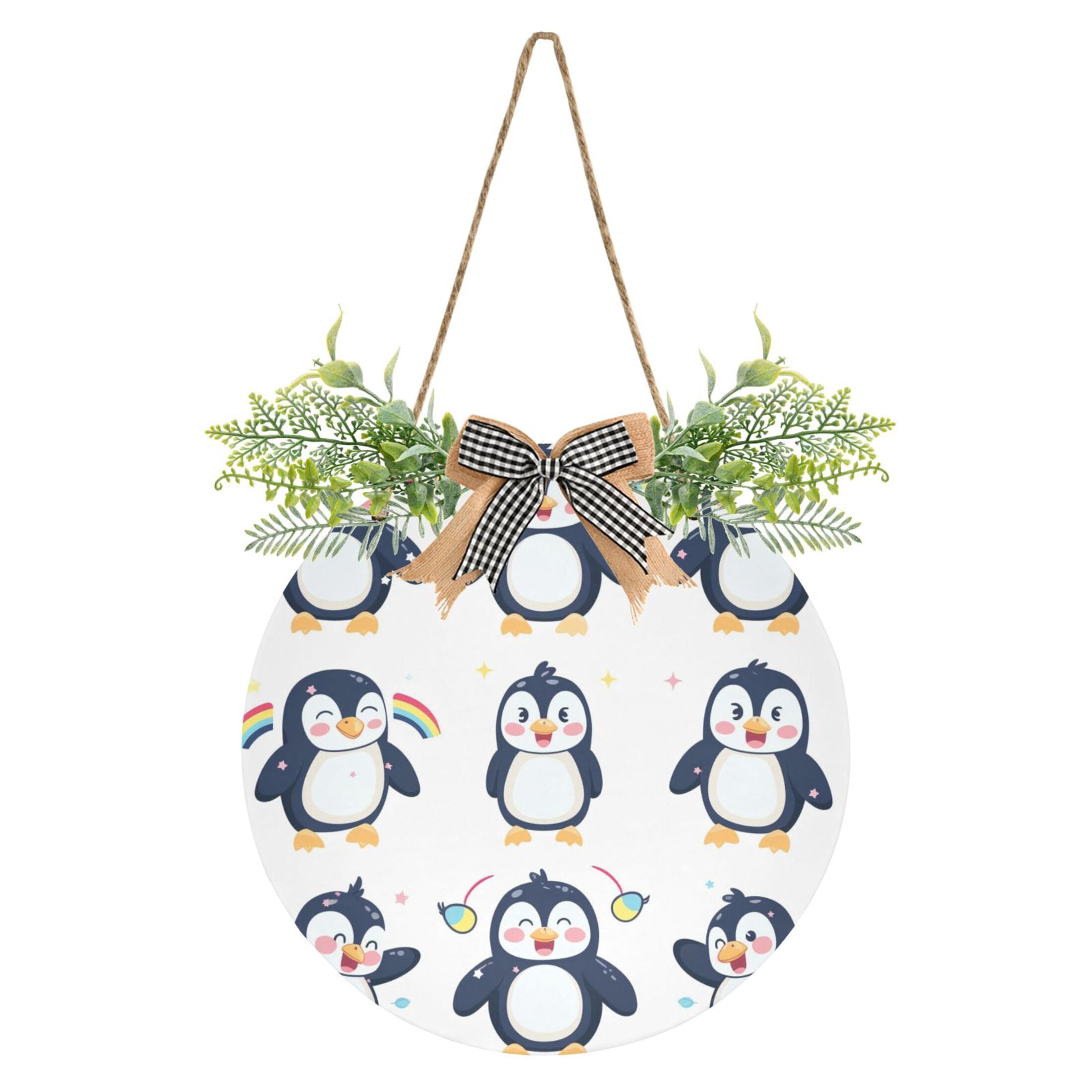 Happy Penguins Welcome Front Door Sign Round 12 inch Porch Hanging Sign ...