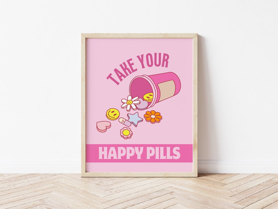 Happy Pills Print, Dopamine Decor, Colorful Wall Art, Mental Health ...