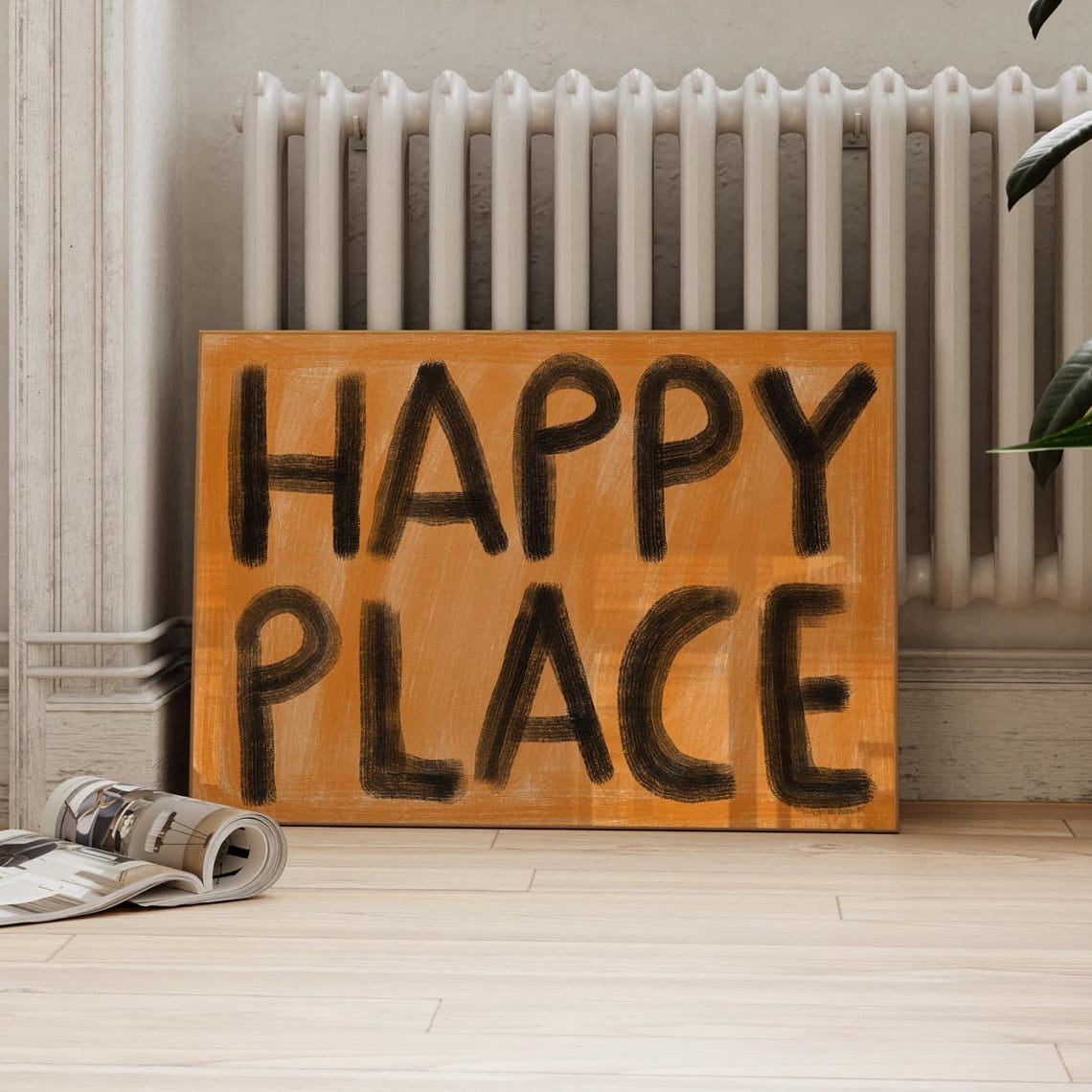 Happy Place Print Living Room Decor Black Neutral Hand Drawn Home ...