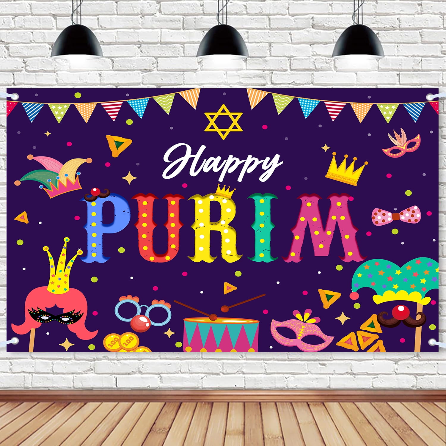 Happy Purim Banner, Colorful Purim Decorations Party Backdrop Supplies ...
