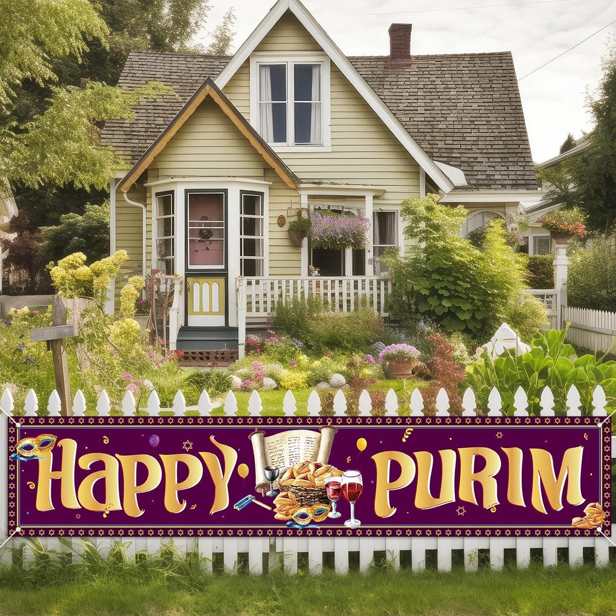 Happy Purim Banner for Fence Jewish Purim Masks Groggers Decorations ...