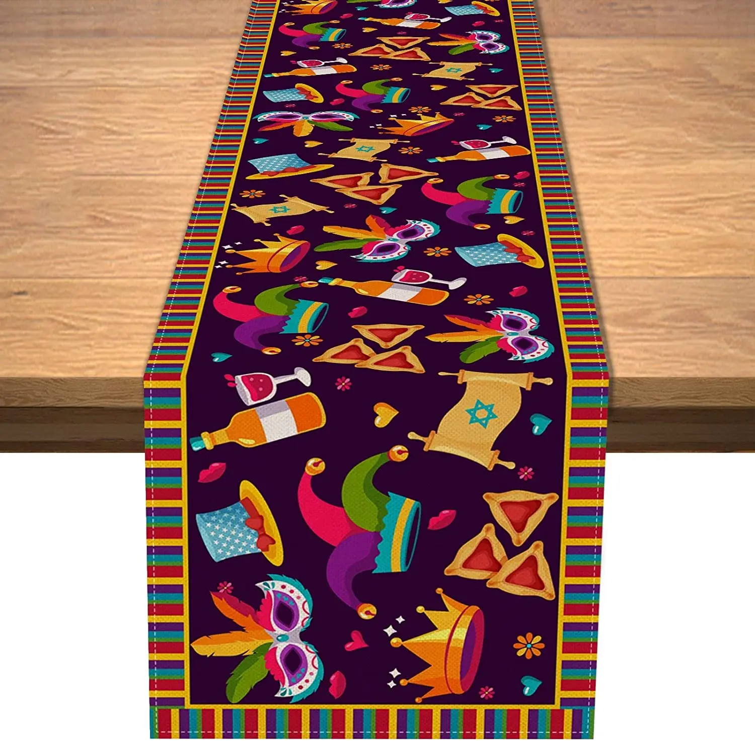 Happy Purim Linen Table Runner Jewish Holiday Carnival Party Circus ...