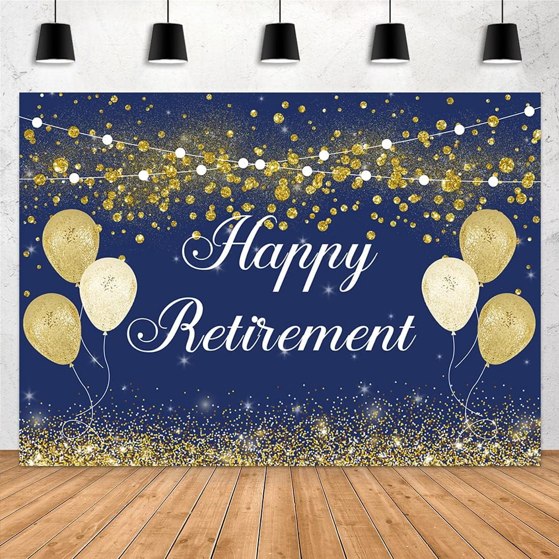 Happy Retirement Backdrop Balloon White Lights Glitter Sequins Dots ...