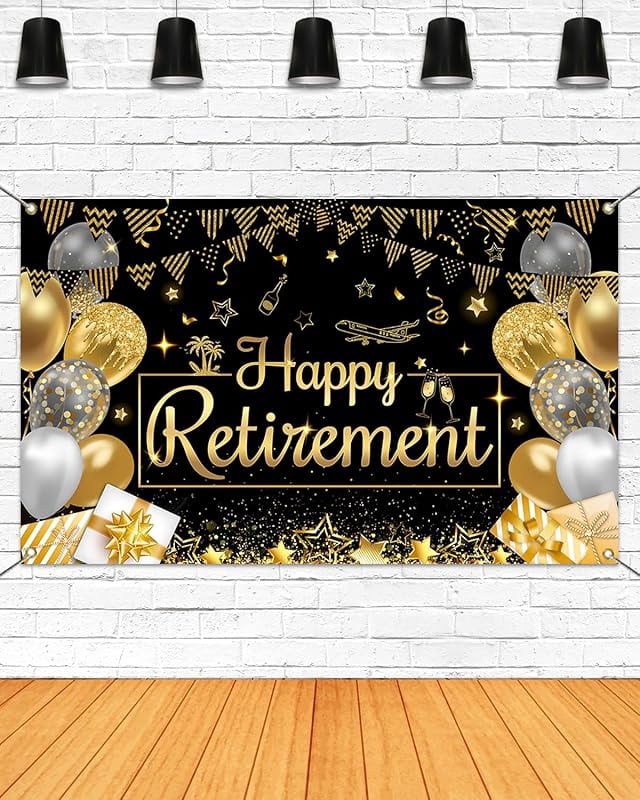 Happy Retirement Backdrop Banner Black Gold Retirement Party ...