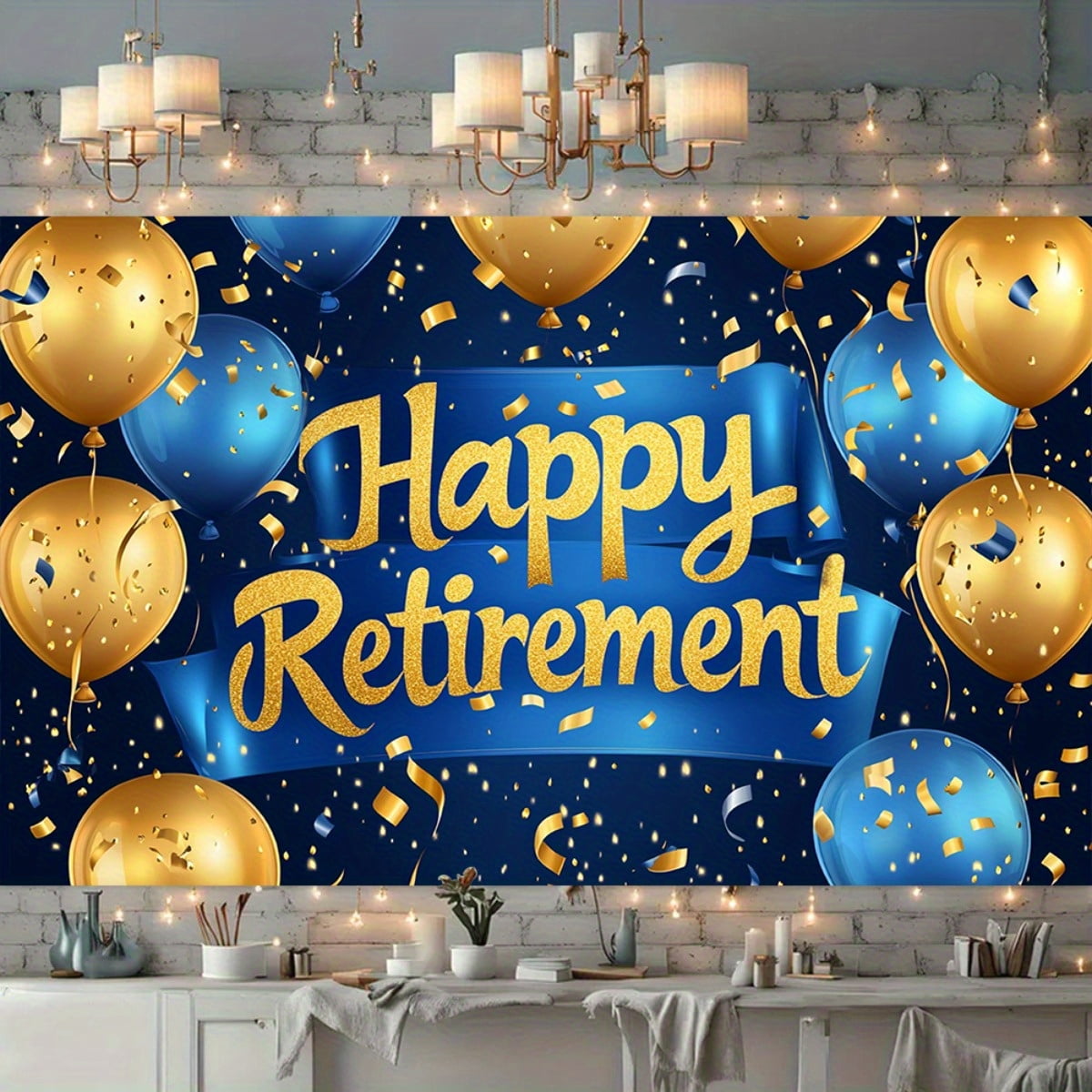 Happy Retirement Backdrop Banner - Navy Blue & Golden Confetti Design ...