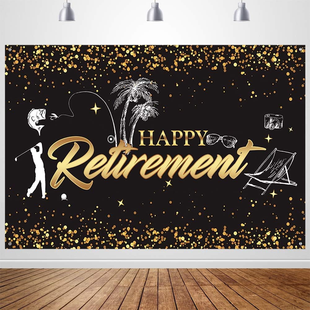 Happy Retirement Backdrop, Black and Gold Glitter Congrats Retirement ...