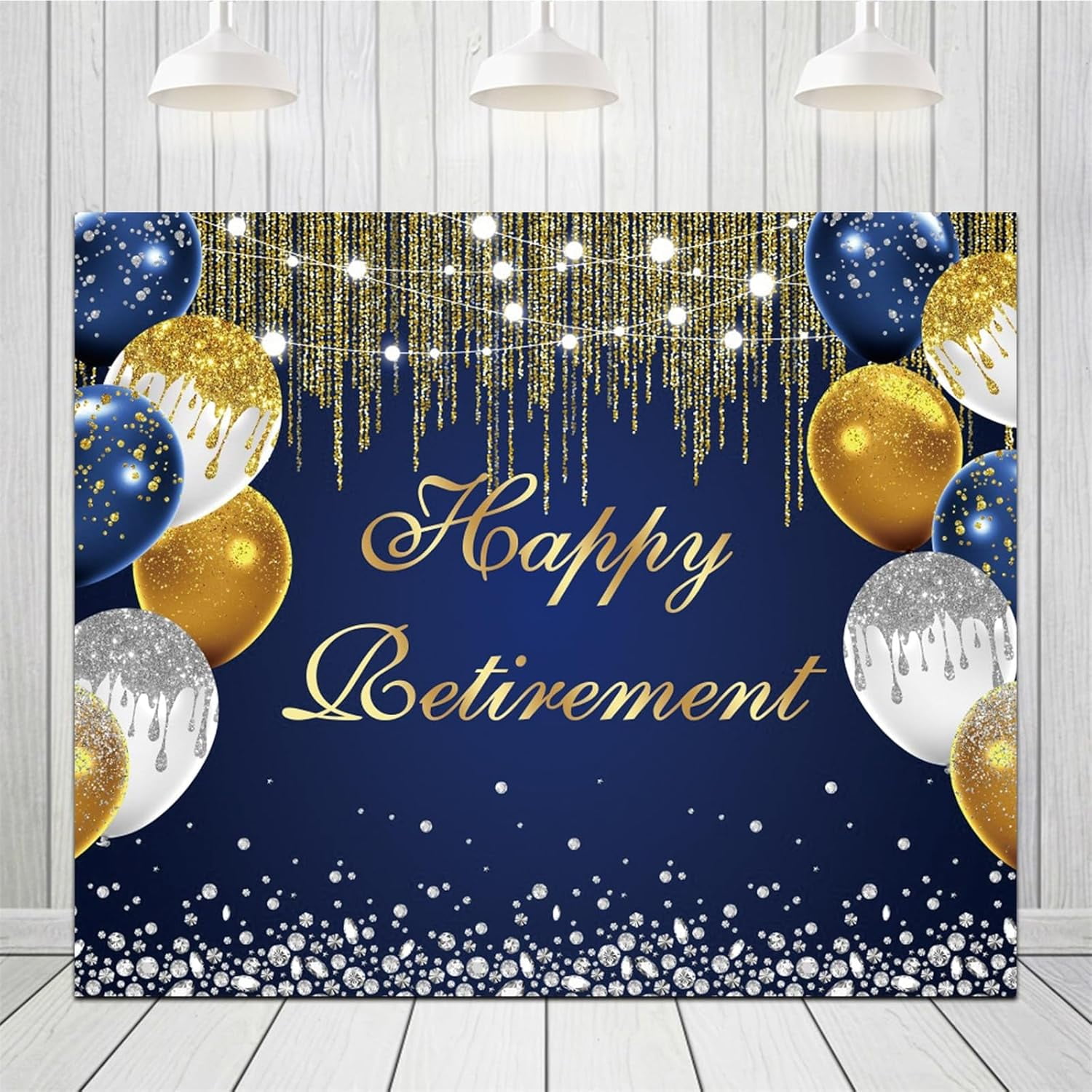 Happy Retirement Backdrop Blue and Gold Glitter Balloons Decorations ...