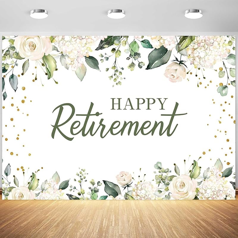Happy Retirement Backdrop Green Leaves White Flowers Gold Dots ...
