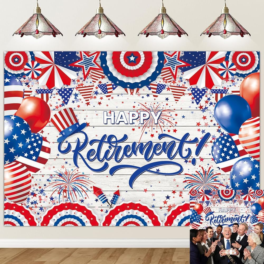 Happy Retirement Backdrop Red White Blue Stars Stripe Flag Photography ...
