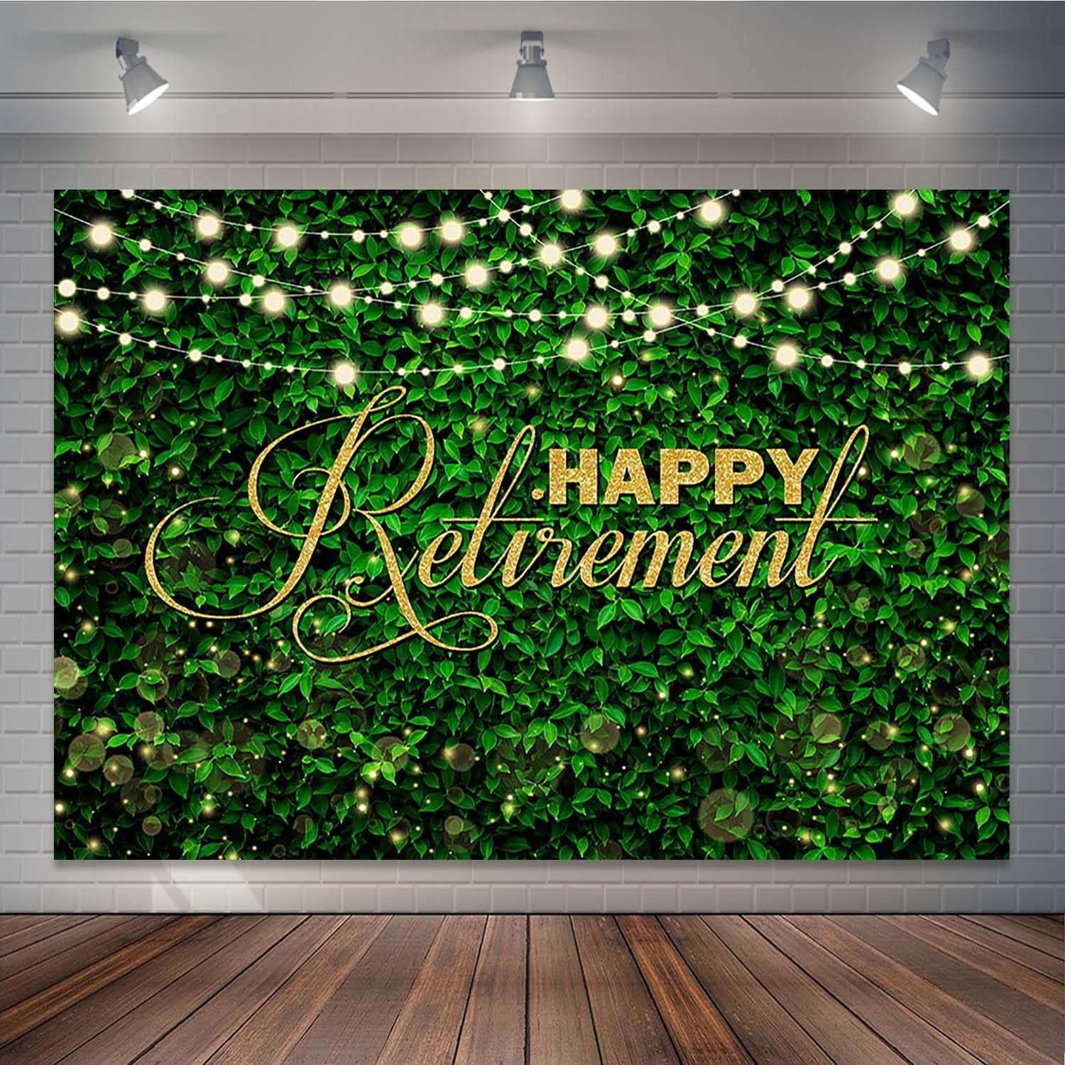 Happy Retirement Backdrop Rustic Lights Green Leaves Retirement ...