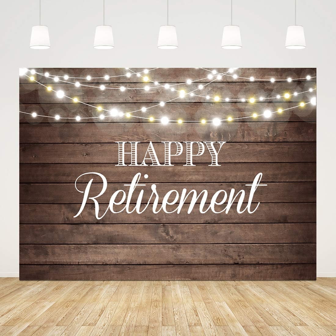 Happy Retirement Backdrop Shinning Lights and Wooden Photo Background ...